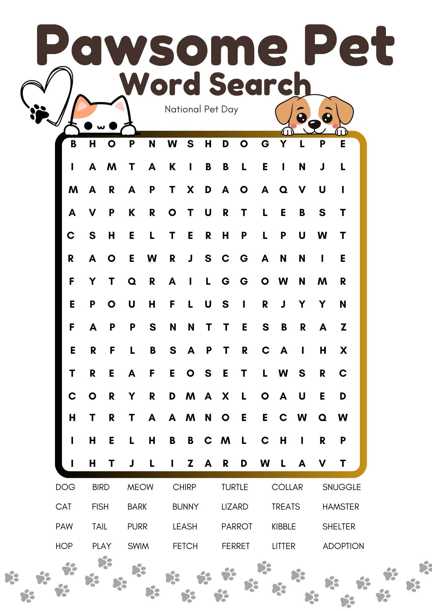 National Pet Day Word Search Puzzle – Fun Printable Activity! Pawsome ...