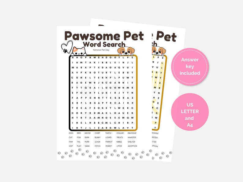 National Pet Day Word Search Puzzle: Fun Printable Activity (PDF) - Etsy