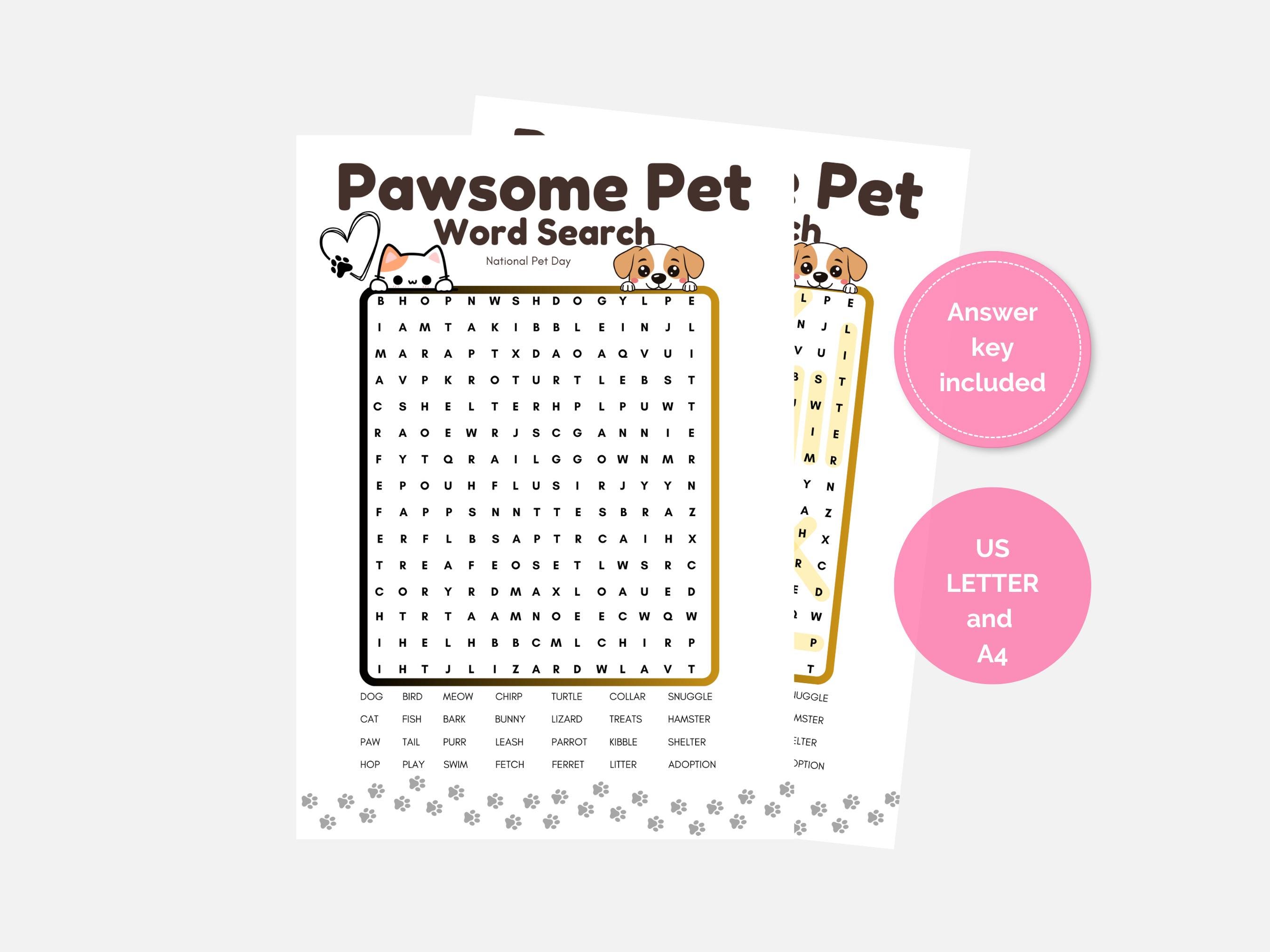 National Pet Day Word Search Puzzle: Fun Printable Activity (PDF) - Etsy