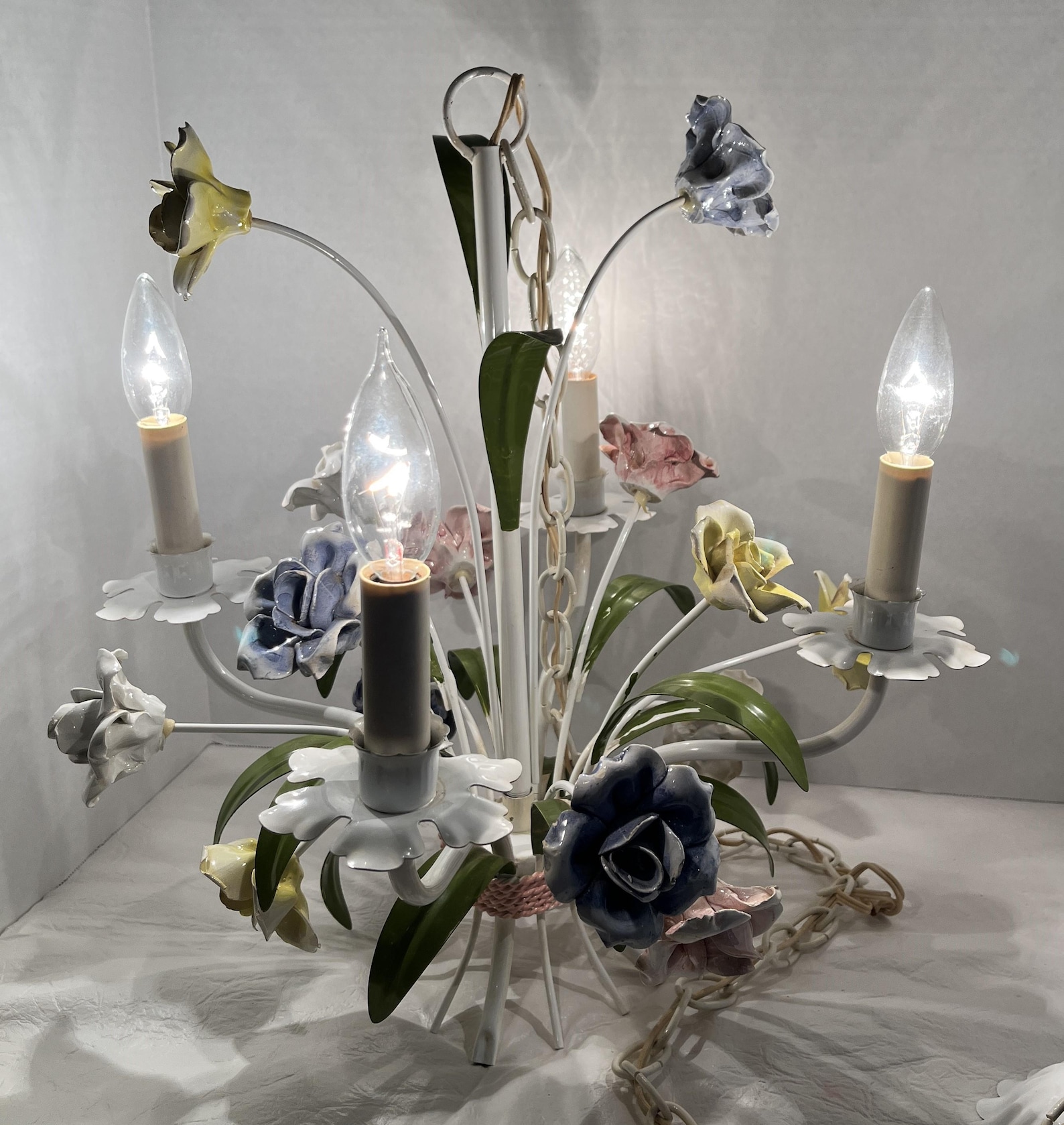 Vintage Italian Tole Chandelier With Porcelain Flowers - Etsy