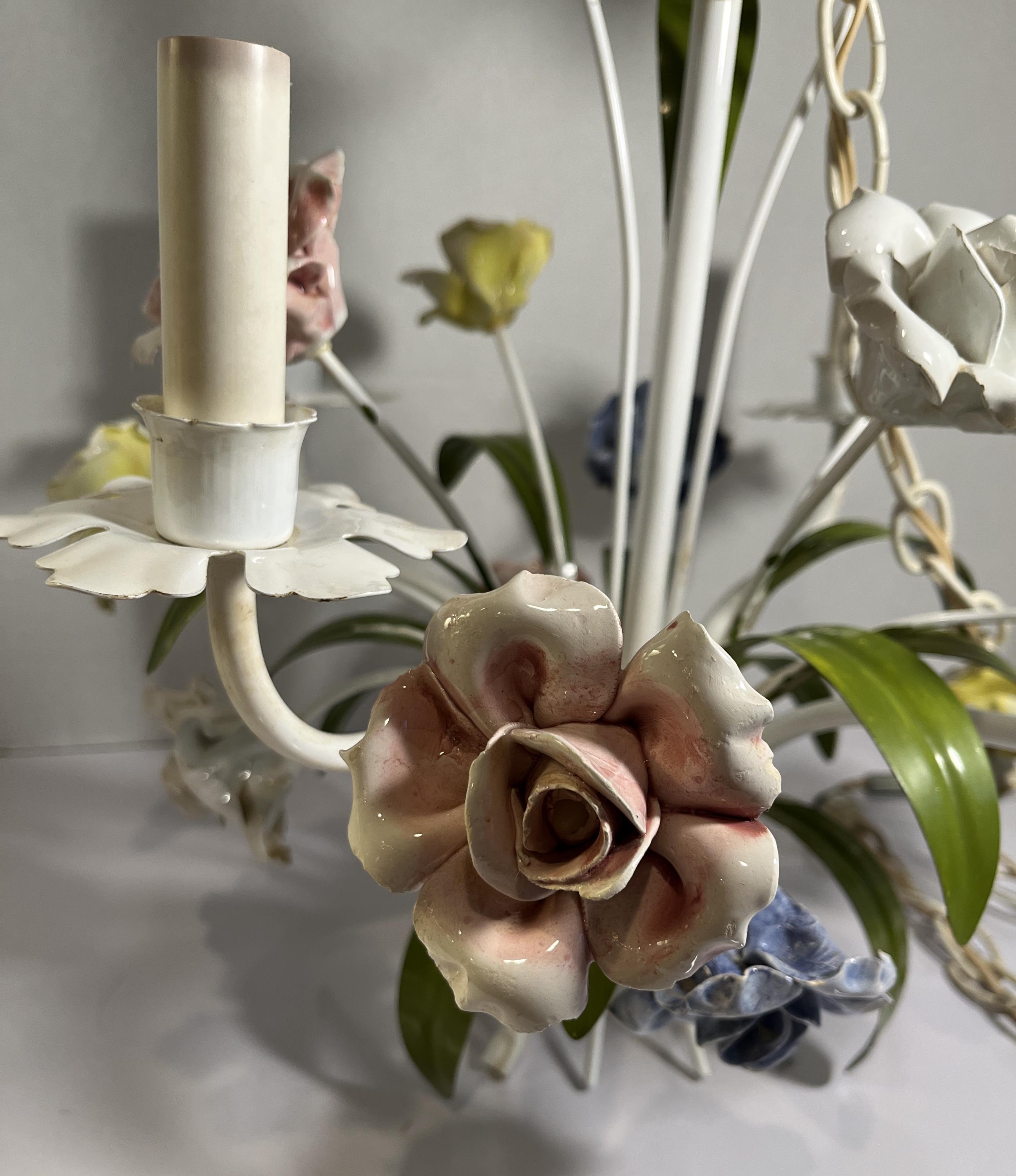 Vintage Italian Tole Chandelier With Porcelain Flowers - Etsy