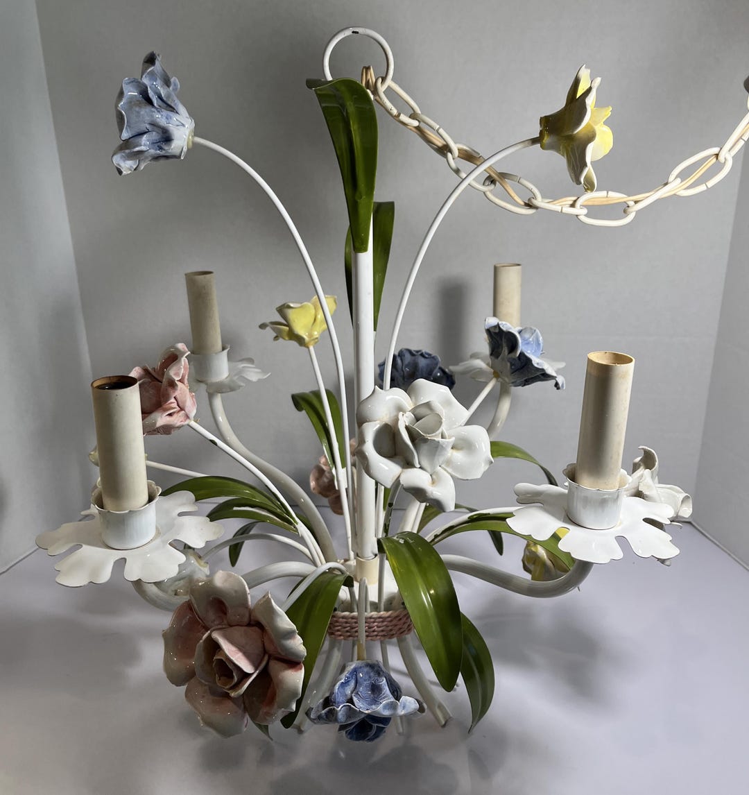 Vintage Italian Tole Chandelier With Porcelain Flowers - Etsy