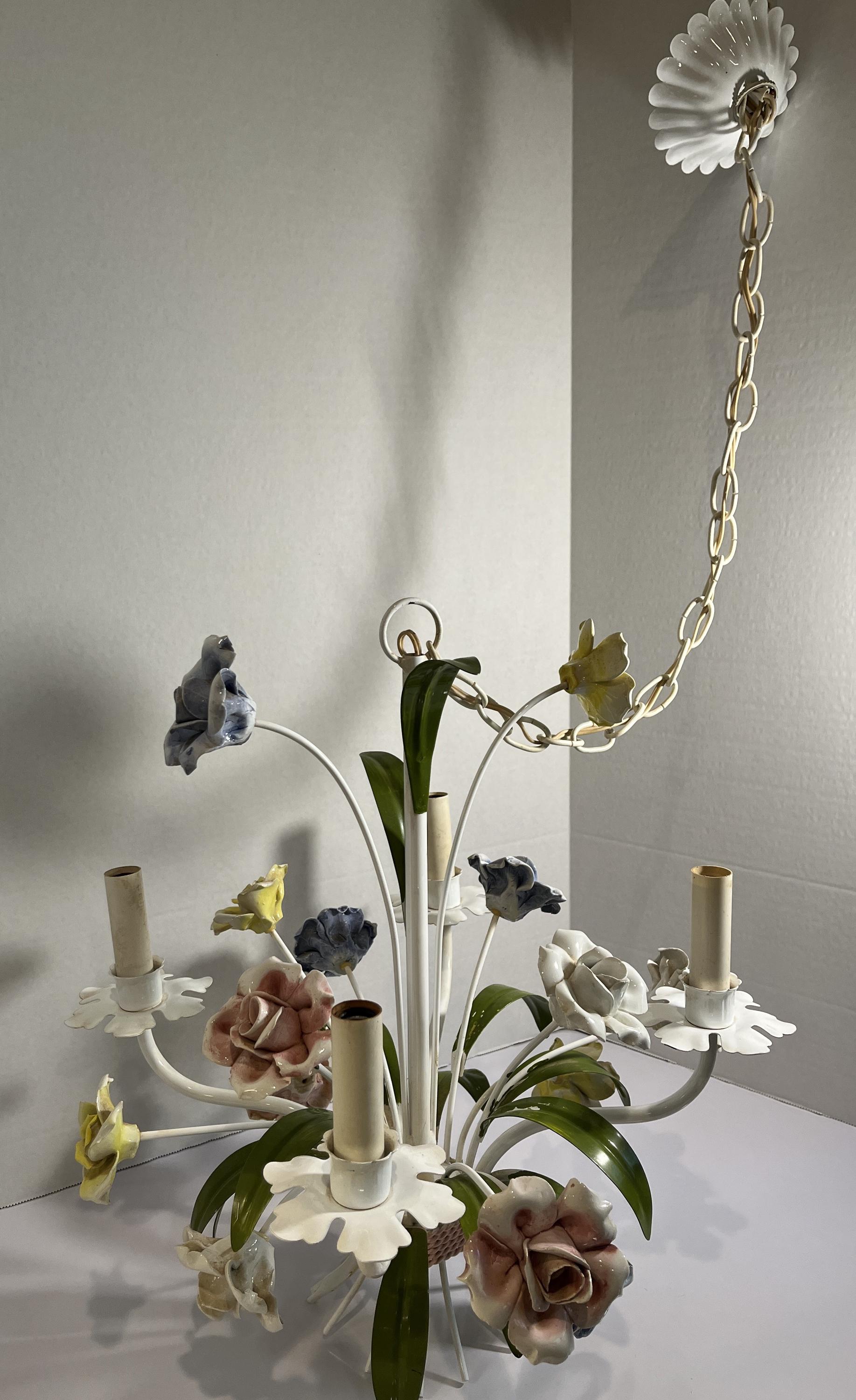 Vintage Italian Tole Chandelier With Porcelain Flowers - Etsy