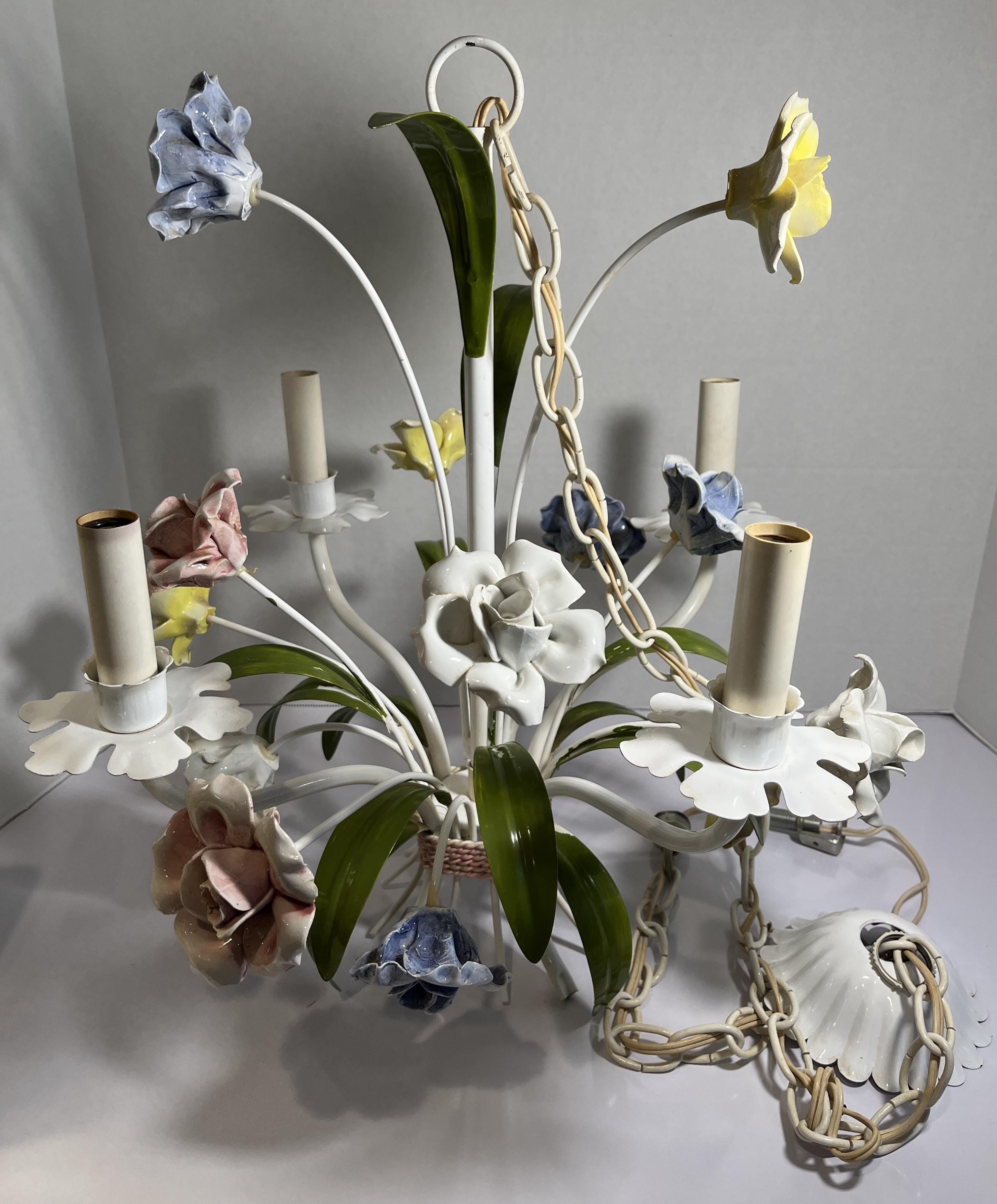 Vintage Italian Tole Chandelier With Porcelain Flowers - Etsy