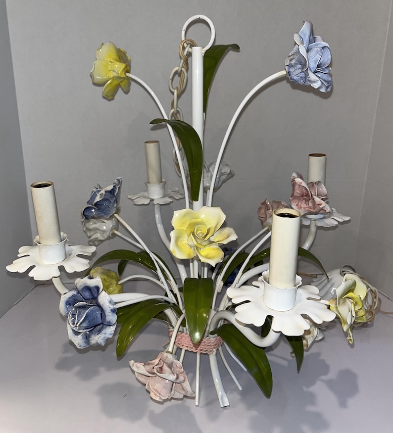 Vintage Italian Tole Chandelier With Porcelain Flowers - Etsy