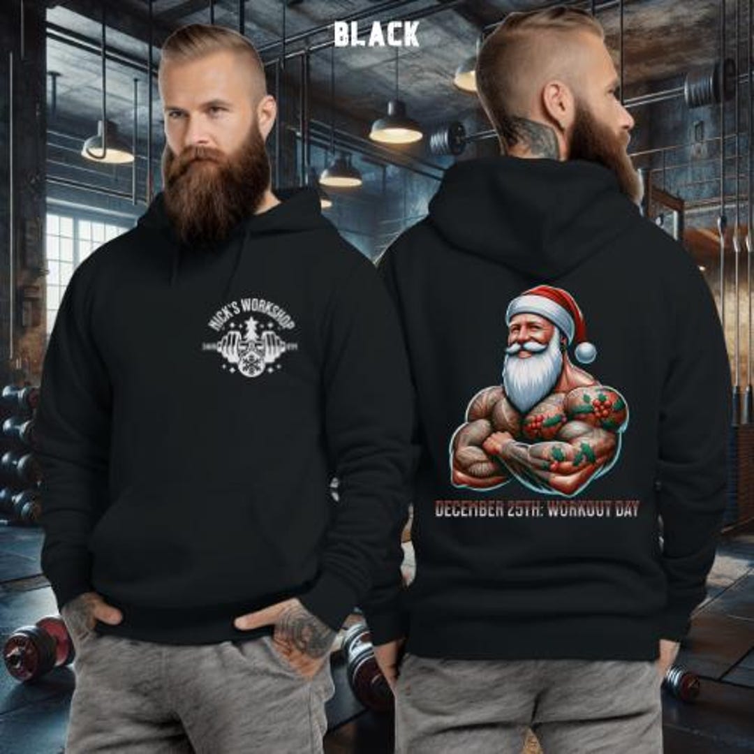 Santa Bodybuilder Gym Logo Hooded Sweatshirt, Christmas Workout Jumper ...