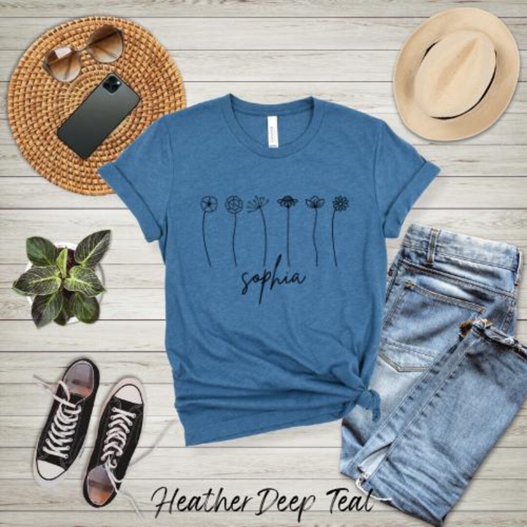 Minimalist Botanical Flower Stems Personalized Name Tee, Bella+canvas ...