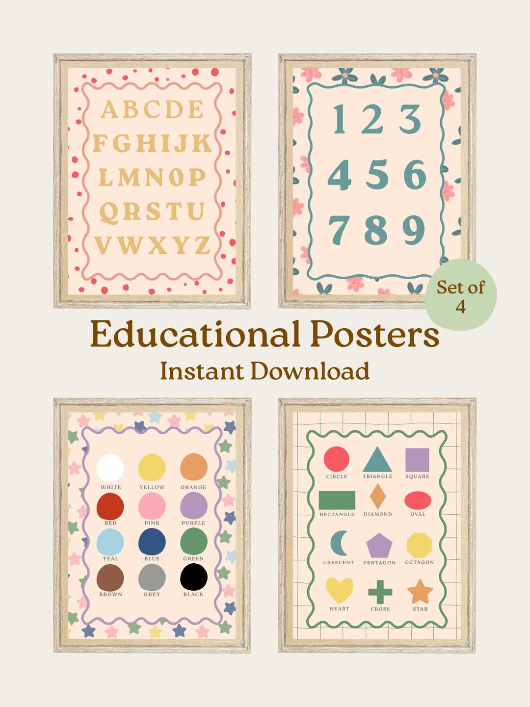Boho Colorful Alphabet, Numbers, Colors, Shapes Educational Posters ...