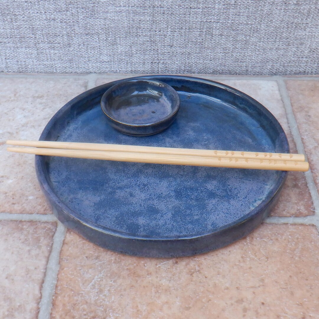 Handmade Stoneware Gyoza Serving Set: Navy Blue Pottery Plate & Dipping ...