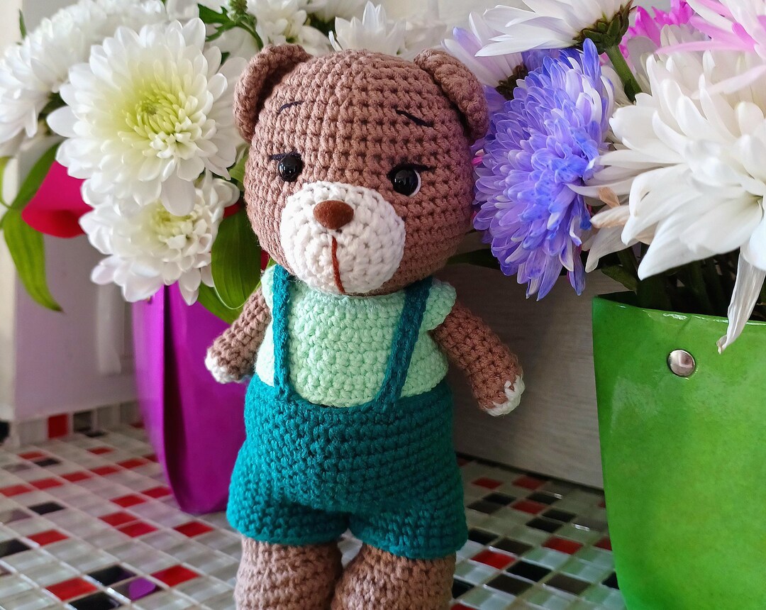 Crochet Toy Bear in Overalls, Cute Handmade Bear Toy Gift Idea, Knit ...