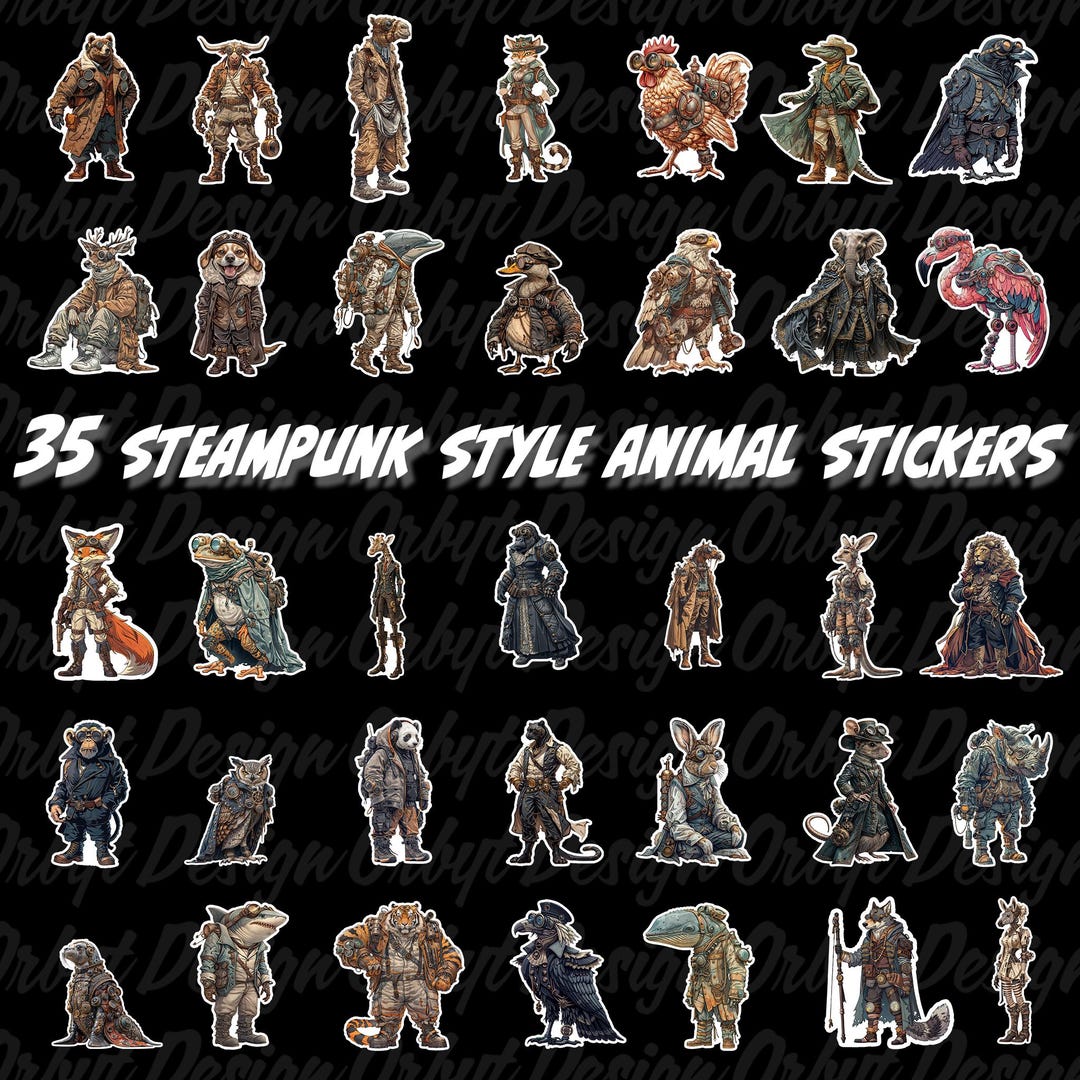 Steampunk Animal Stickers - Printable, Digital Art, Illustration ...