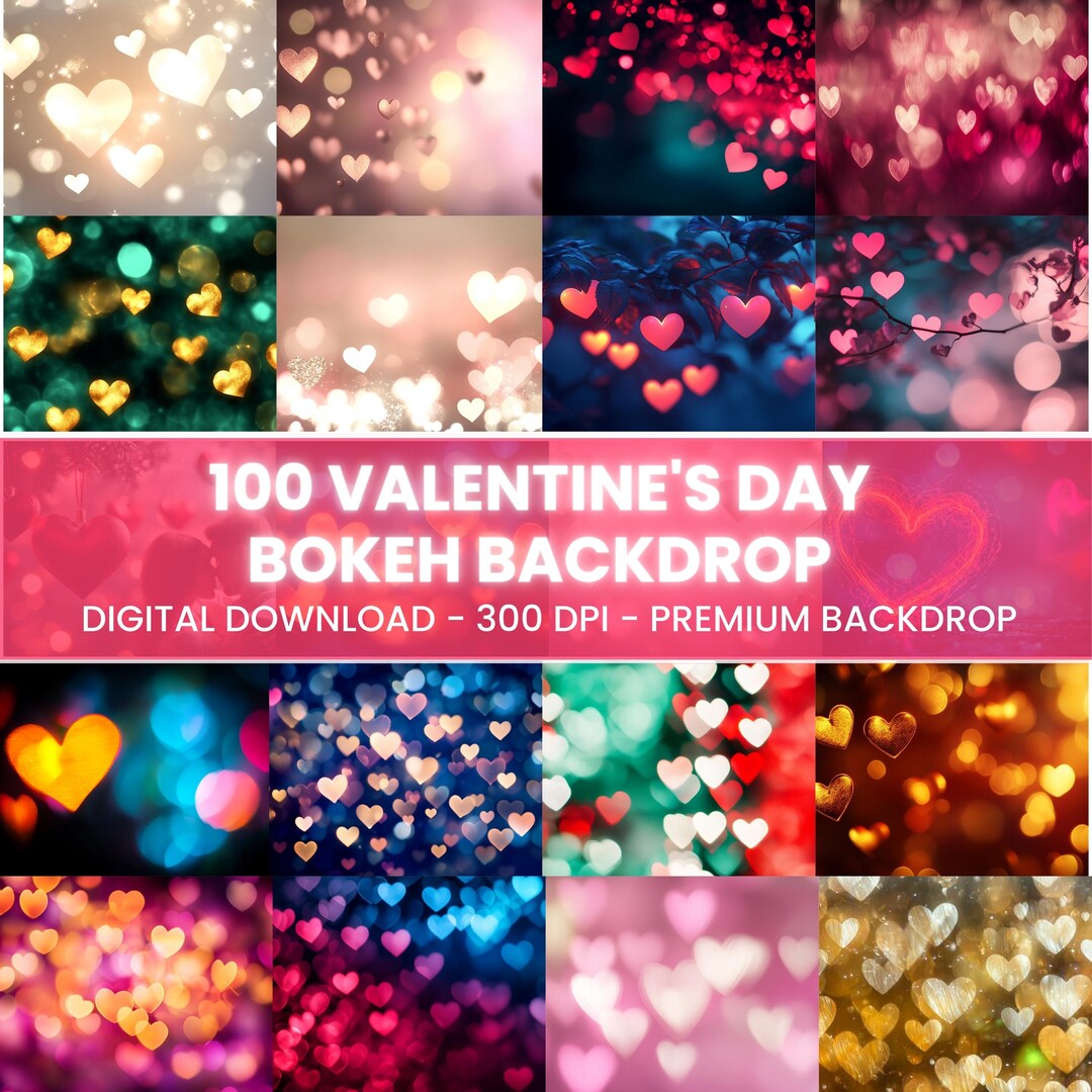 100 Valentine's Day Bokeh Digital Backdrops Heart Background for ...