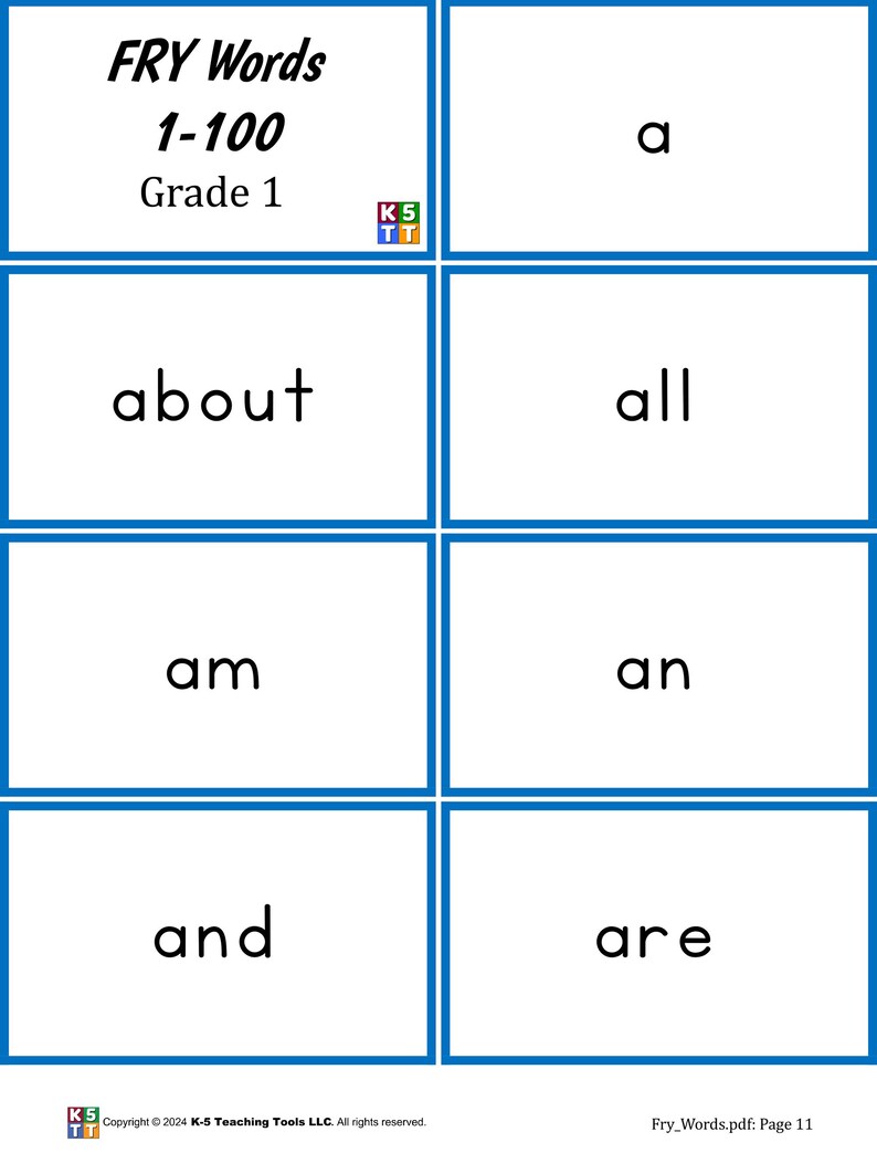 Fry Words, List and Flashcards digital File - Etsy