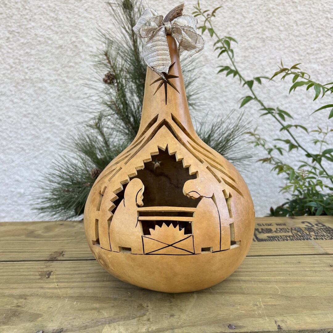 Hand Made Christmas Gourd Nativity Winter Holiday Primitive Decoration ...