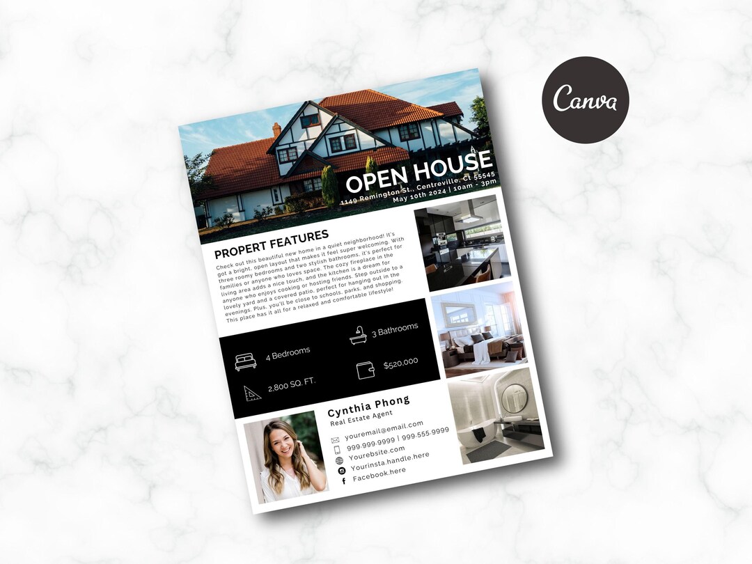 Dark Open House Flyer Template, Real Estate Sell Sheet, Realtor Marketing Tool, for Sale ...