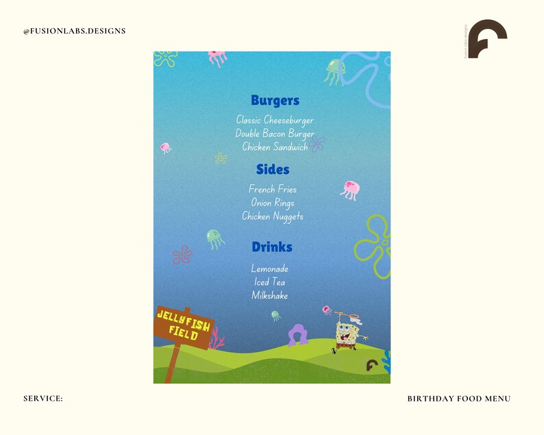 Spongebob Squarepants Food Menu – Birthday Party Menu Design, Editable ...