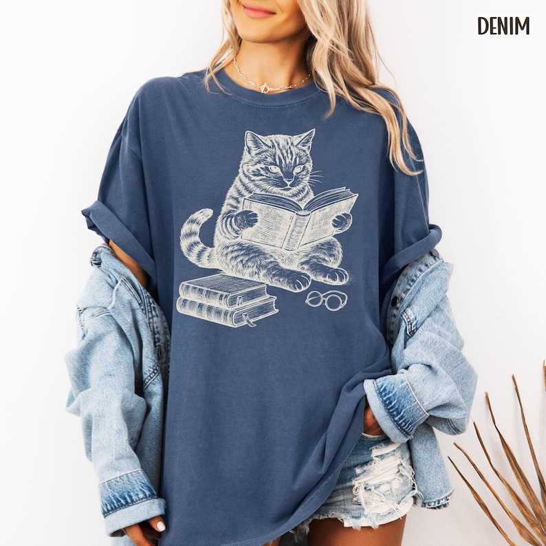 Comfort Colors Cat Reading Book Shirt Book Lover Tee Bookish Merch Gift ...