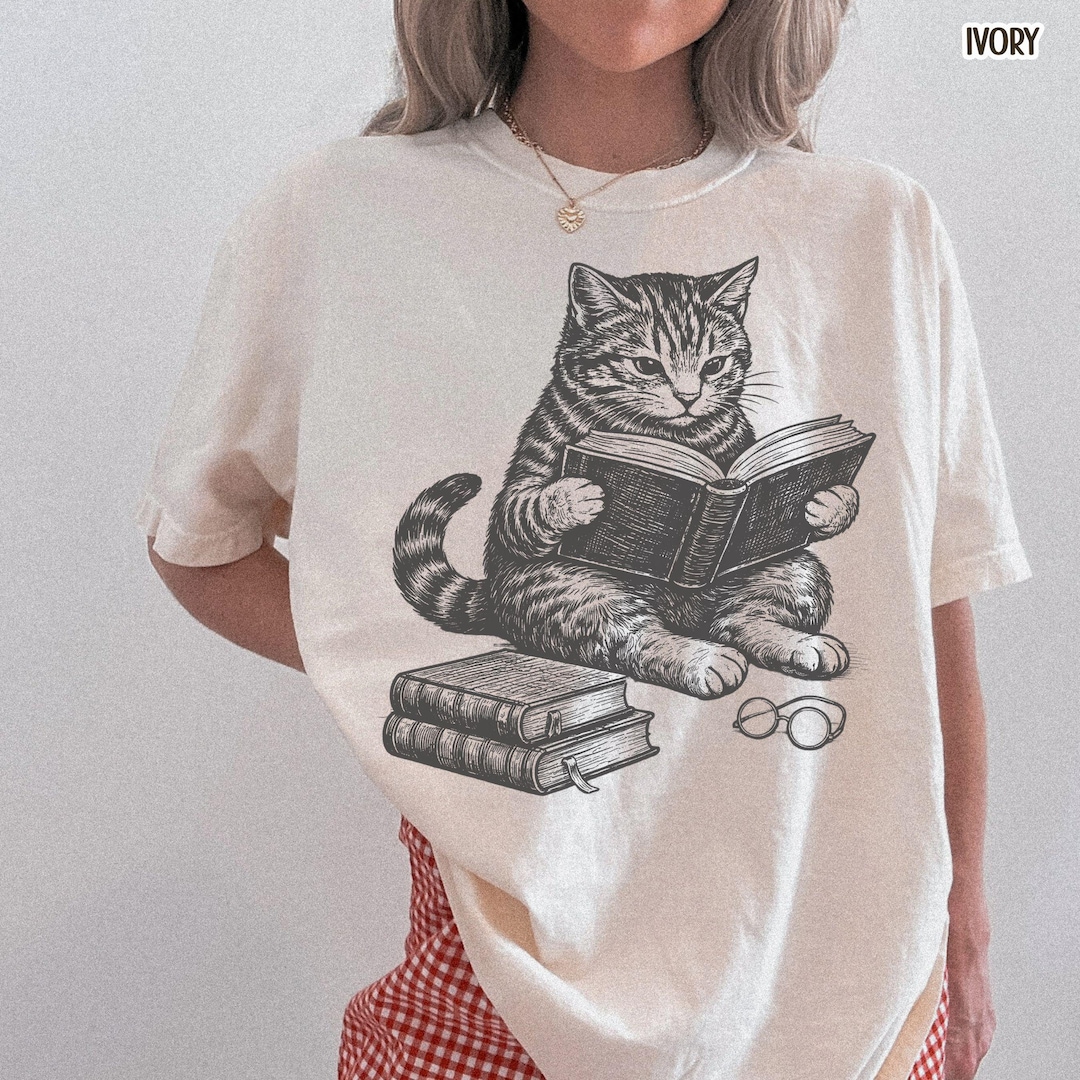 Comfort Colors Cat Reading Book Shirt Book Lover Tee Bookish Merch Gift ...