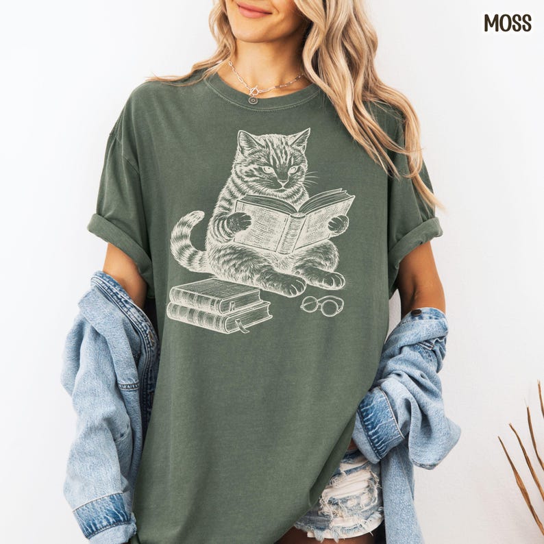 Comfort Colors Cat Reading Book Shirt Book Lover Tee Bookish Merch Gift ...