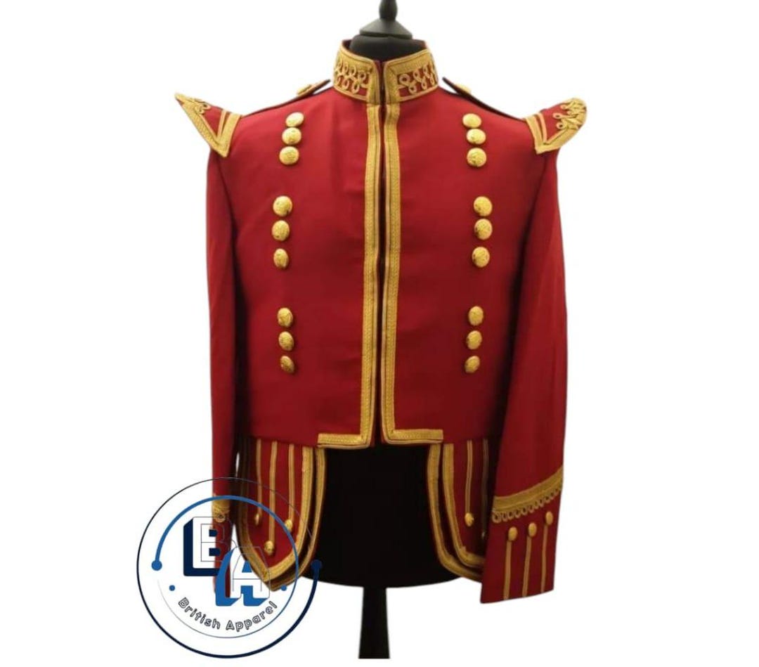Handcraft Red Wool Marching Band Jacket: Golden Trim Bagpiper Doublet ...