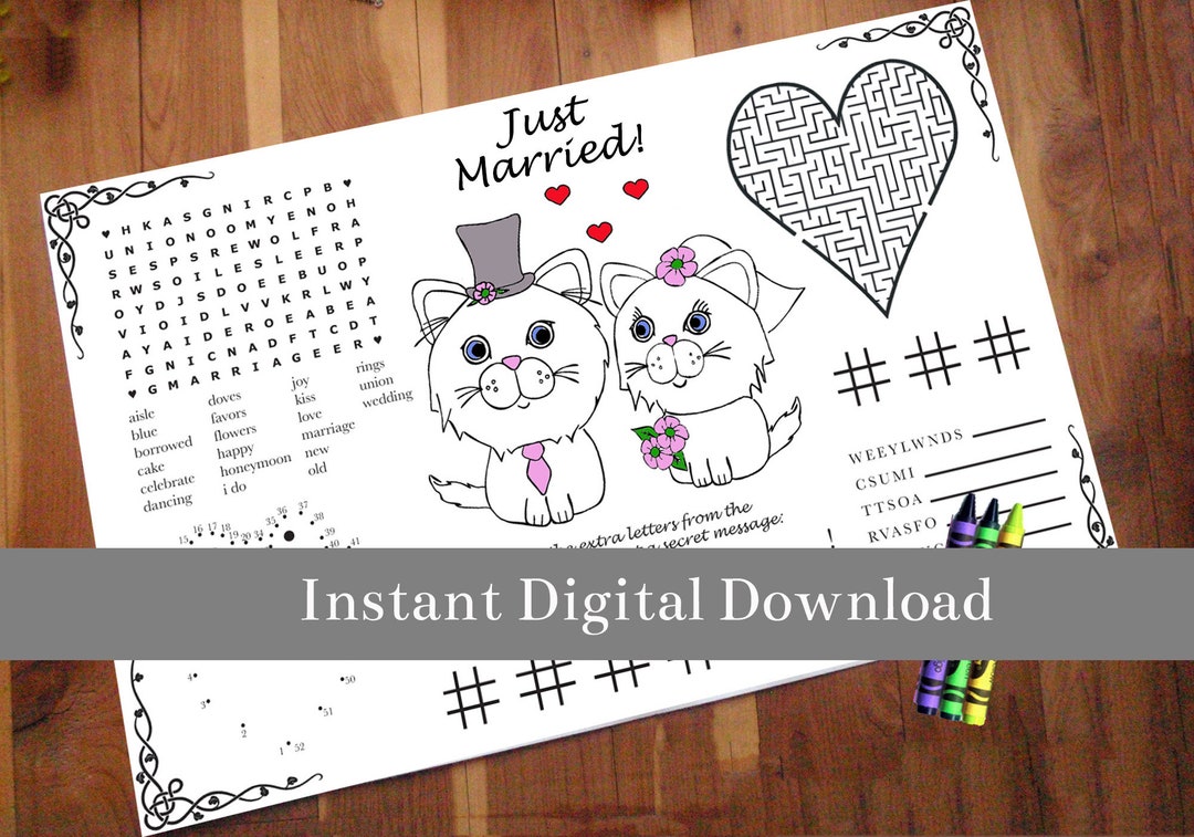 Printable Cat Wedding Activity Placemat. Instant Download PDF, Includes ...
