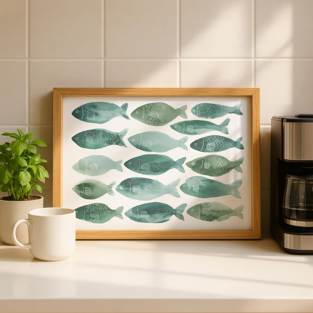 Teal Green Watercolor Fish Wall Art Homeware, Bright Coastal Nautical ...