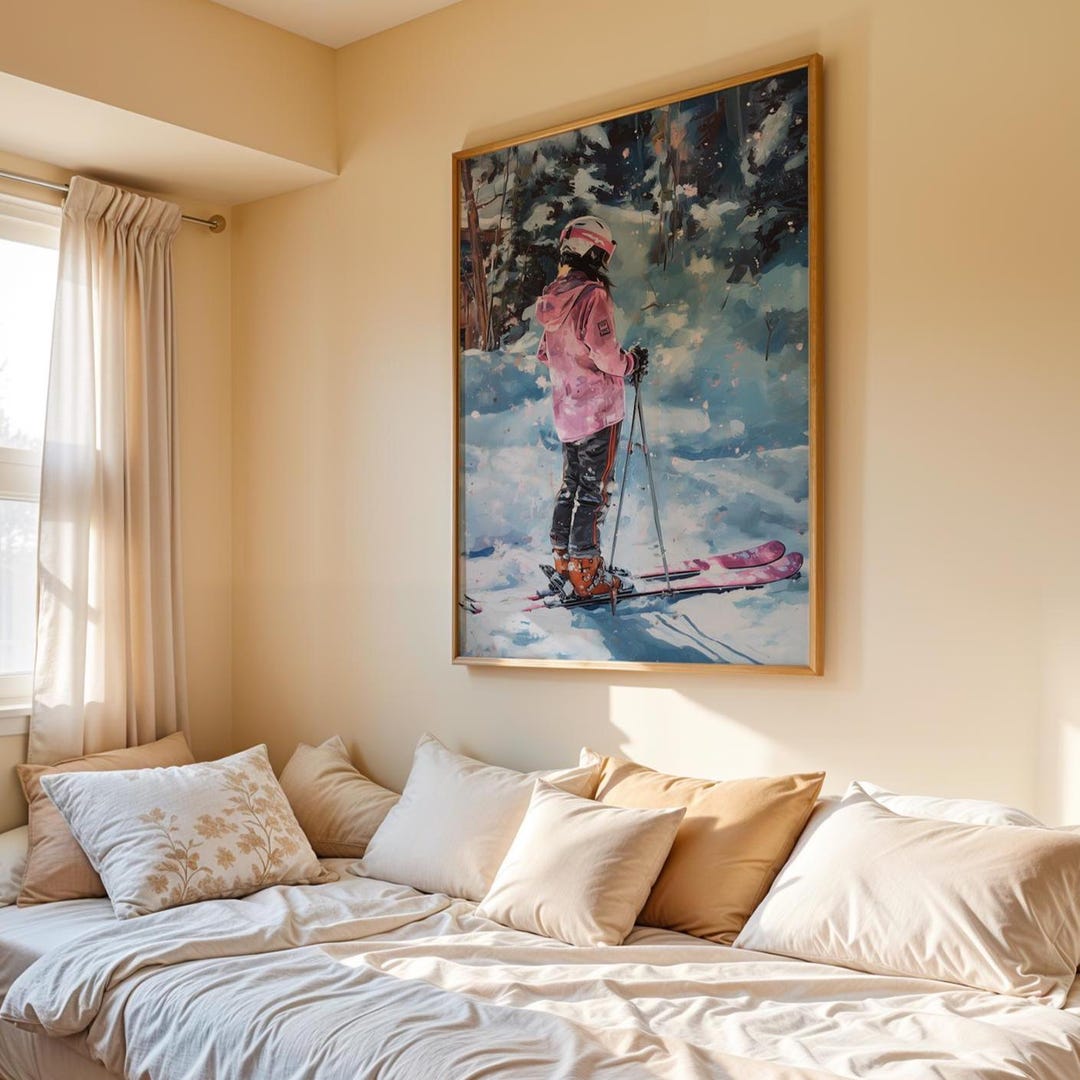 Kidcore Pink Skier Watercolor Print, Winter Cabin Homeware Decor, Girl ...