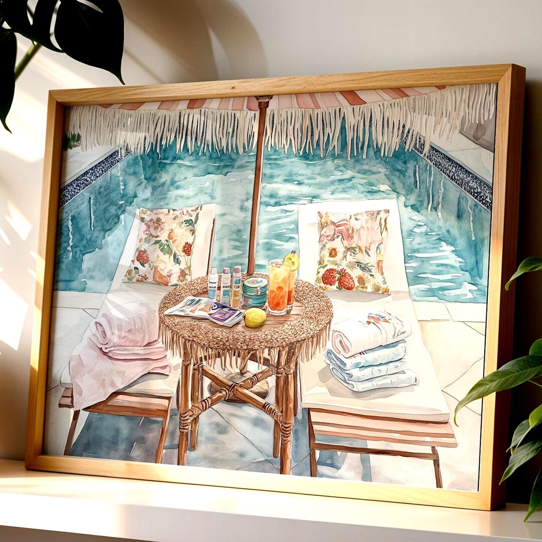 Blush Pink Poolside Print: Watercolor Summer Coastal Art (digital ...