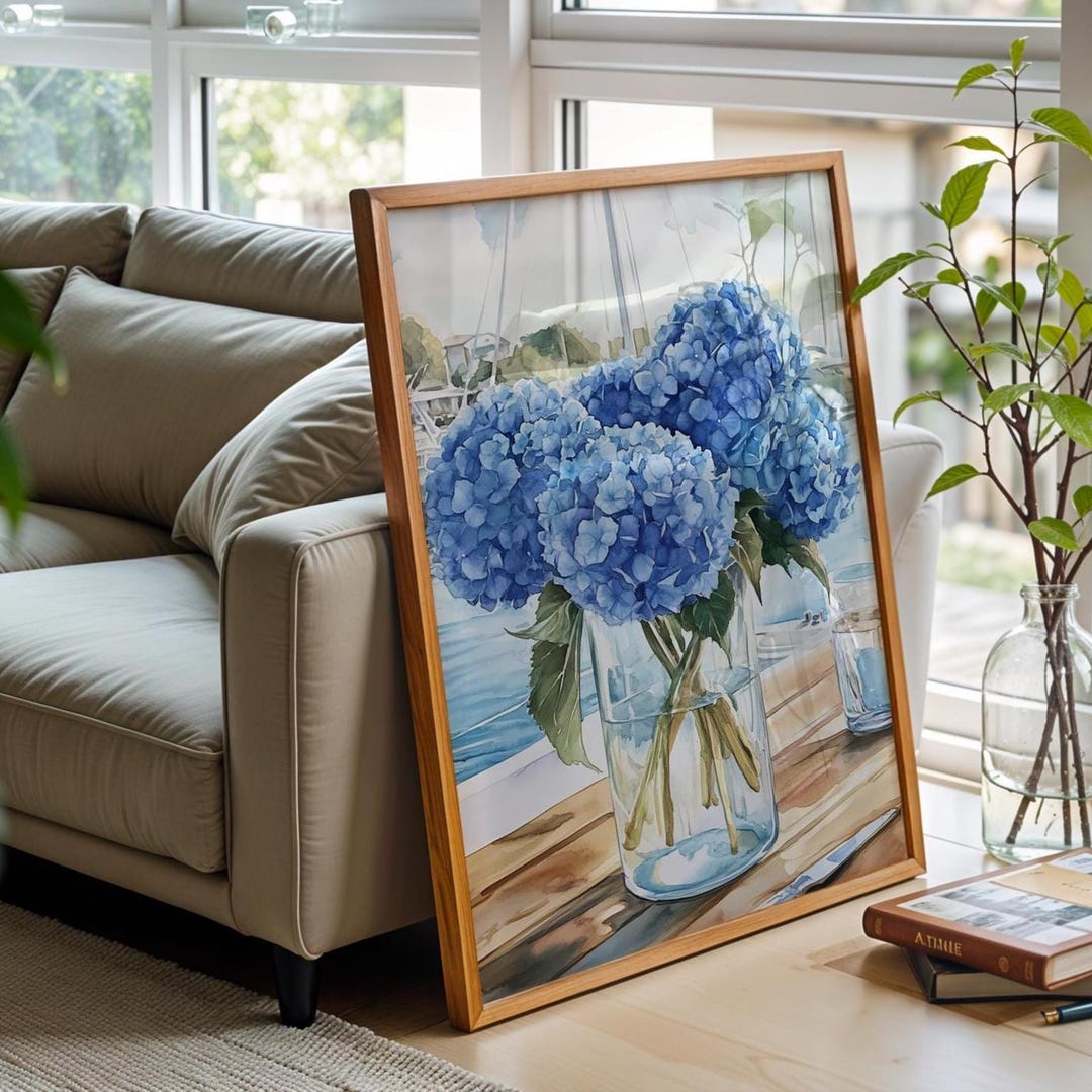 Blue Hydrangeas in Vase Wall Art Print, Coastal Watercolor Digital ...
