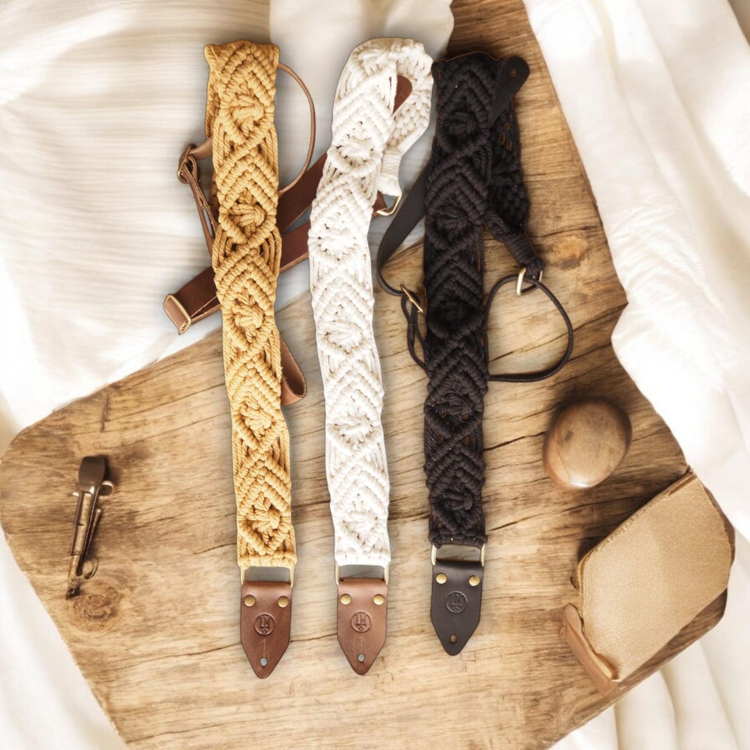 Macrame Woven Guitar Strap - Leather Ends - Etsy