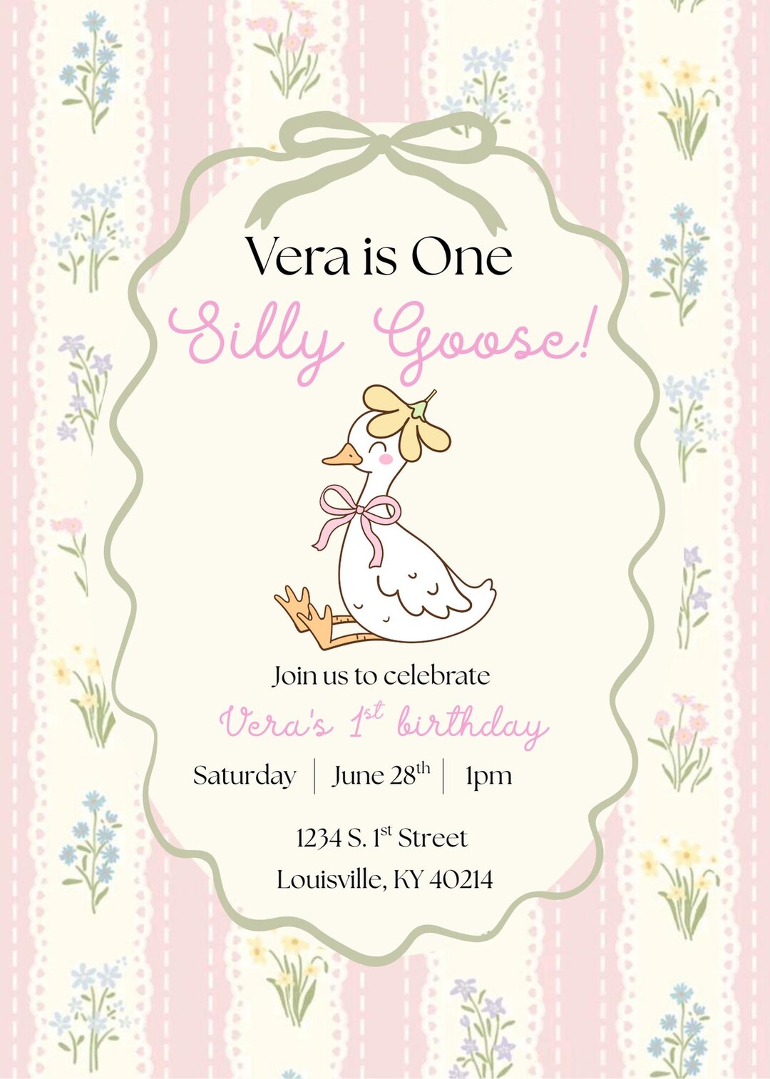 Editable "silly Goose" 1st Birthday Invitation | Vintage Floral | Goose ...