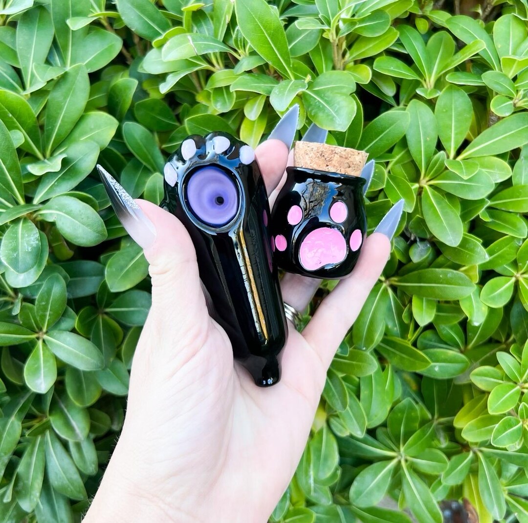 Kitty Paw Glass Hand Pipe & Stash Jar, Cute Pipe, Animal Pipe, Girly ...