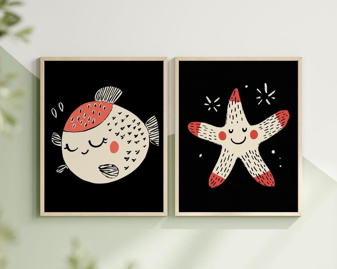 Adorable Fish & Starfish Duo in Playful Pastels – Cute Minimalist Wall ...