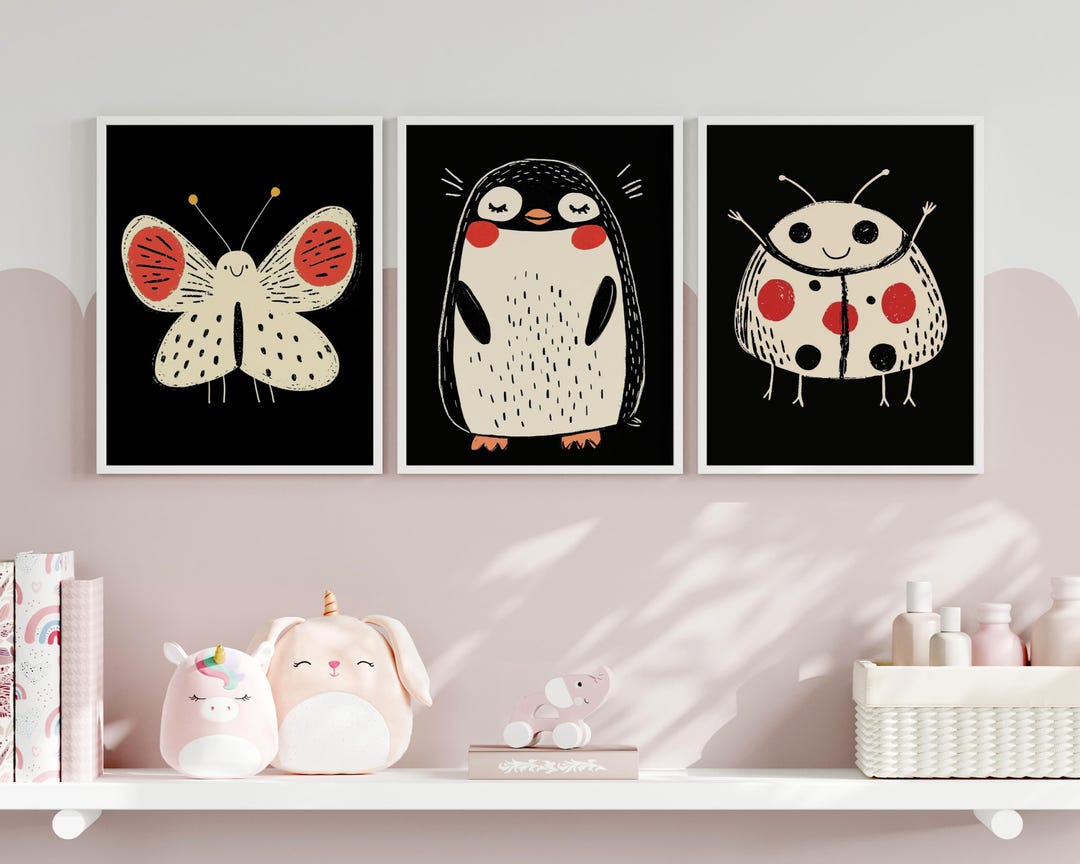Adorable Hand-drawn Doodle Trio in Pastel Bliss, Whimsical Art Prints ...