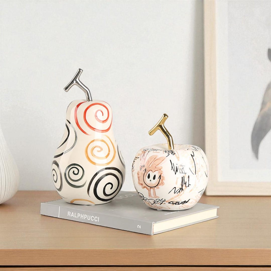 Glazed Pottery Apple & Pear Figurines: Modern Graffiti Ceramic ...