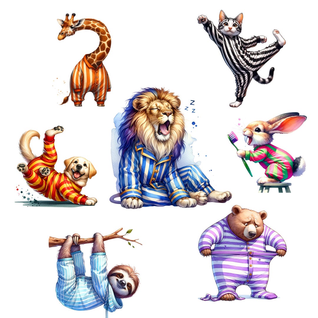 Funny Animals in Pajamas Clipart Bundle -7 Clipart Bundle, Animal Print ...