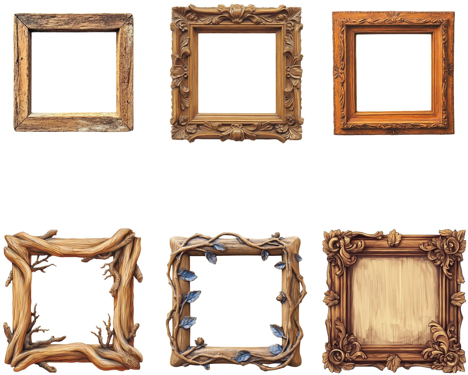 Wooden Frames Clipart Set - 50 PNG Illustrations, Rustic Digital Decor ...