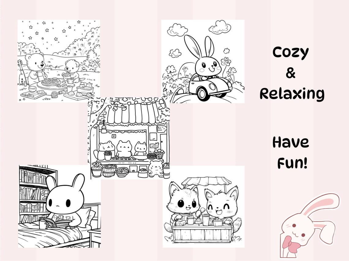 Cozy Friends 15 Relaxation Coloring Page Bundle, Cute Animal Character ...