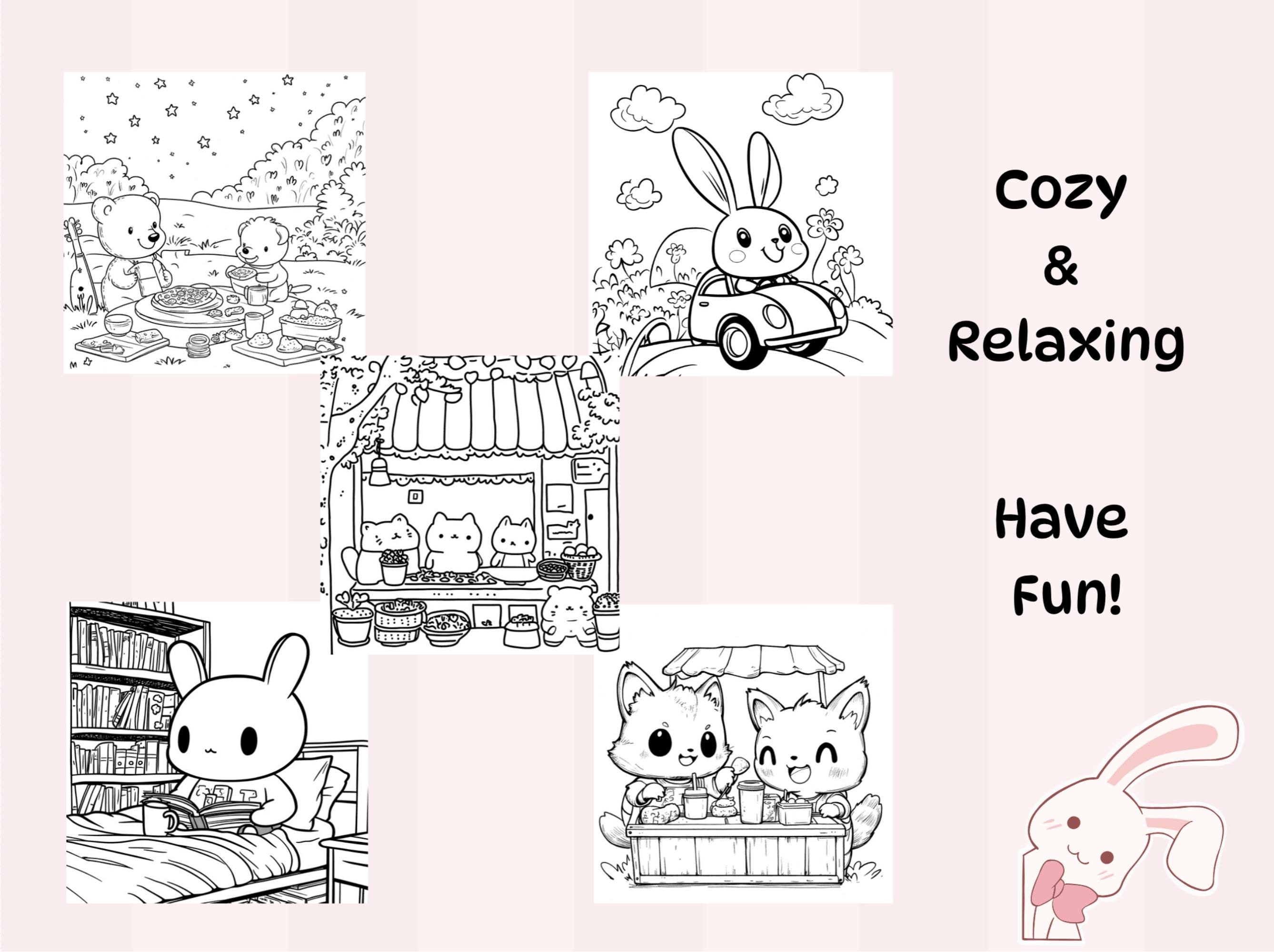 Cozy Friends 15 Relaxation Coloring Page Bundle, Cute Animal Character ...
