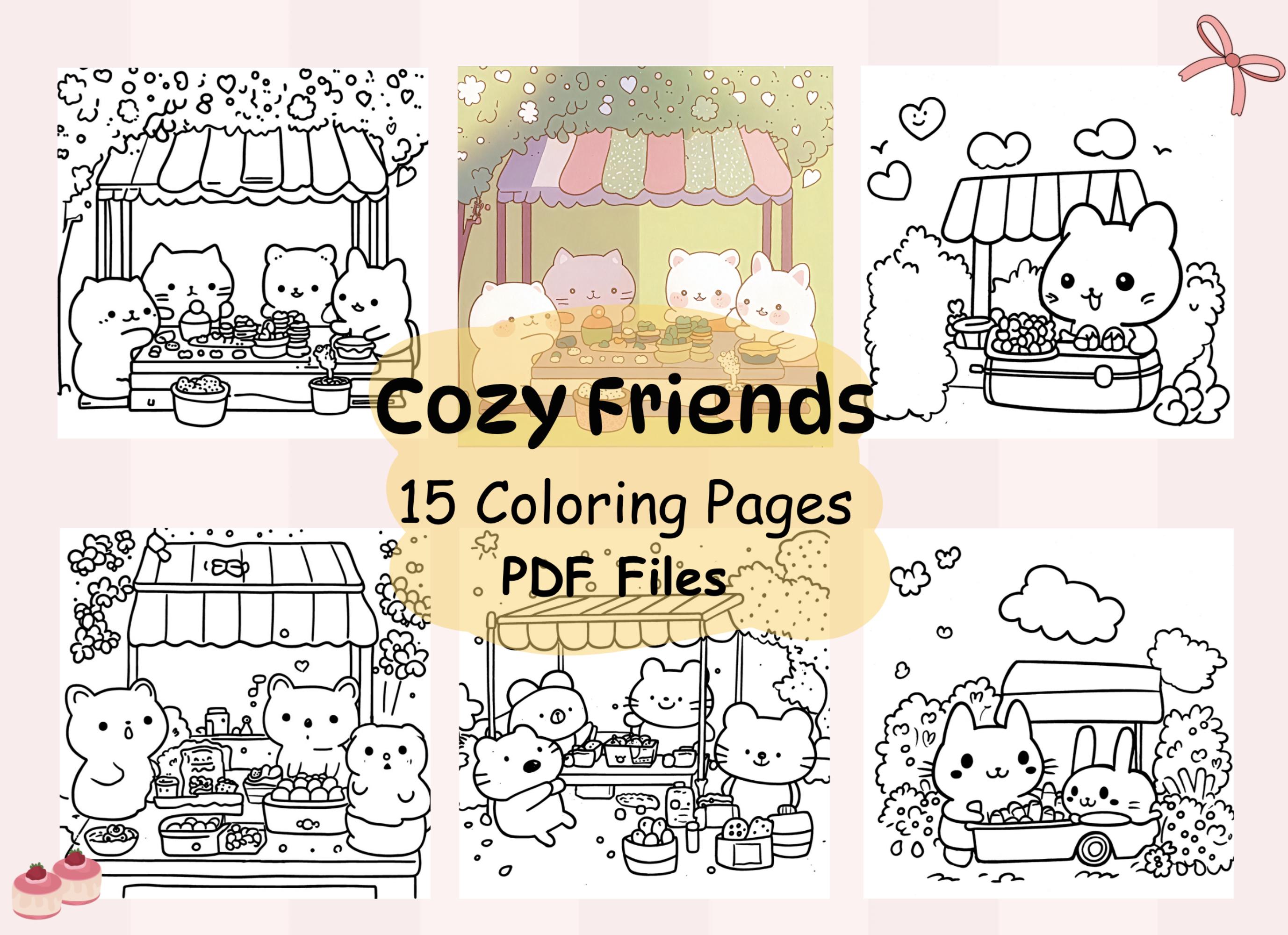 Cozy Friends 15 Relaxation Coloring Page Bundle, Cute Animal Character ...