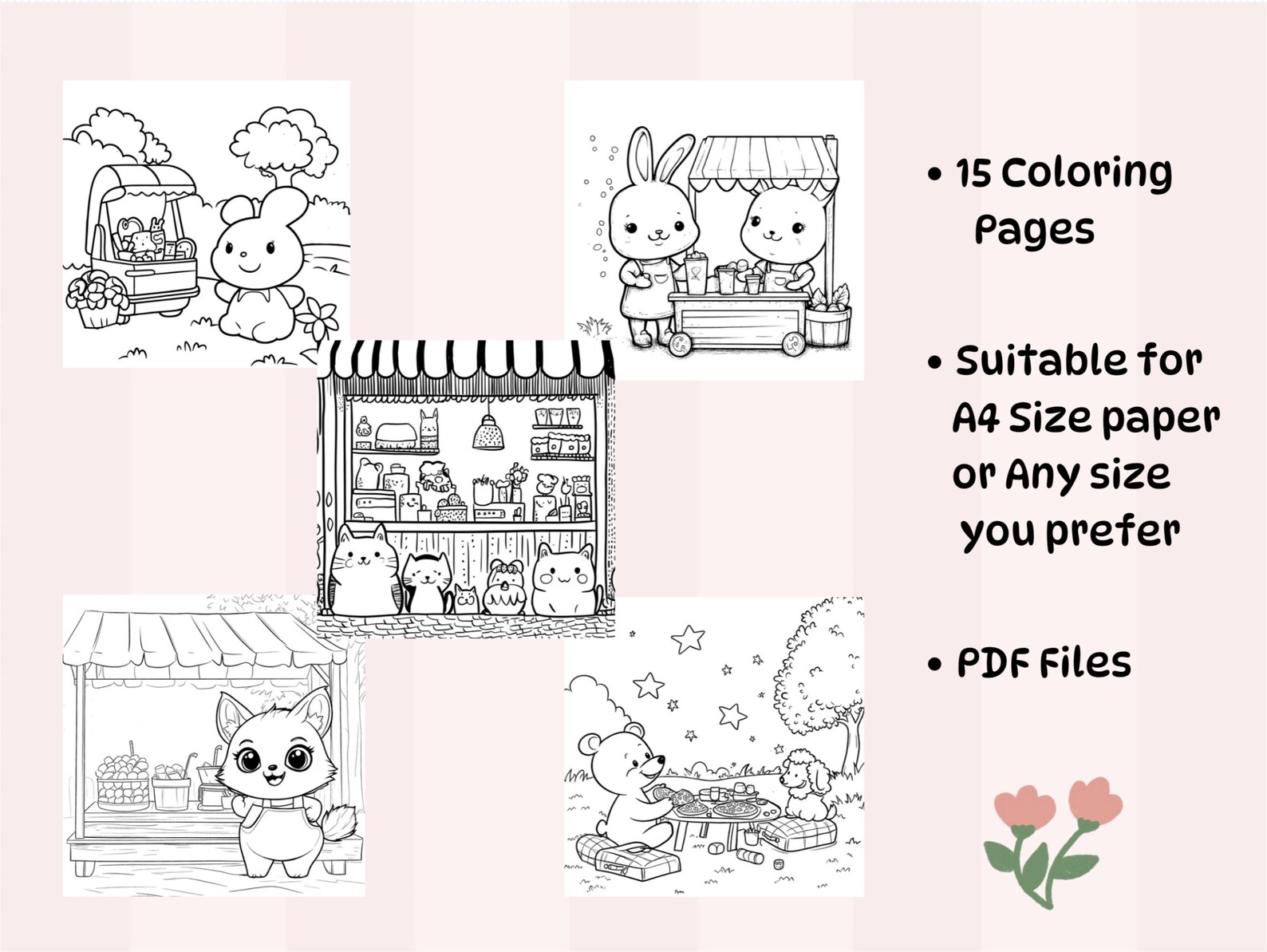 Cozy Friends 15 Relaxation Coloring Page Bundle, Cute Animal Character ...