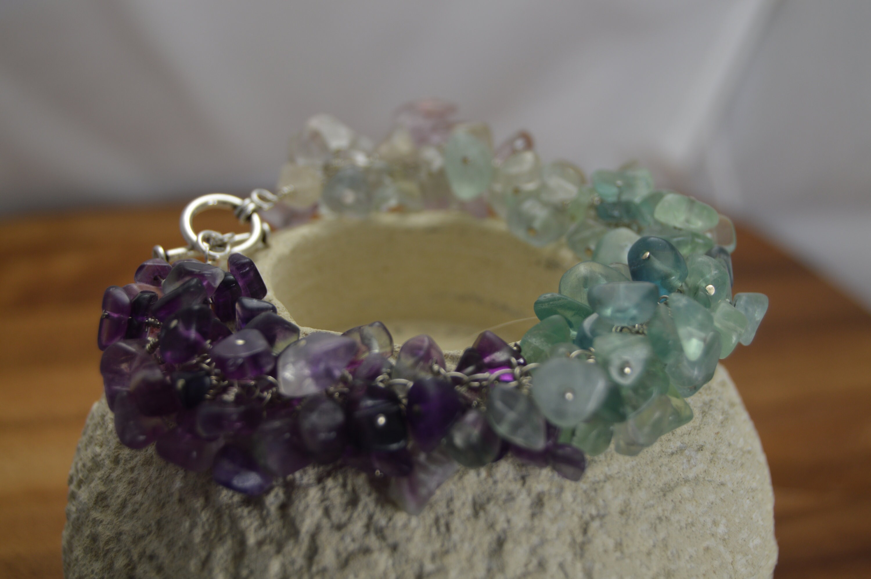 Colorful Fluorite Gemstone Chip Bracelet. Wire Wrapped, Sterling Silver ...