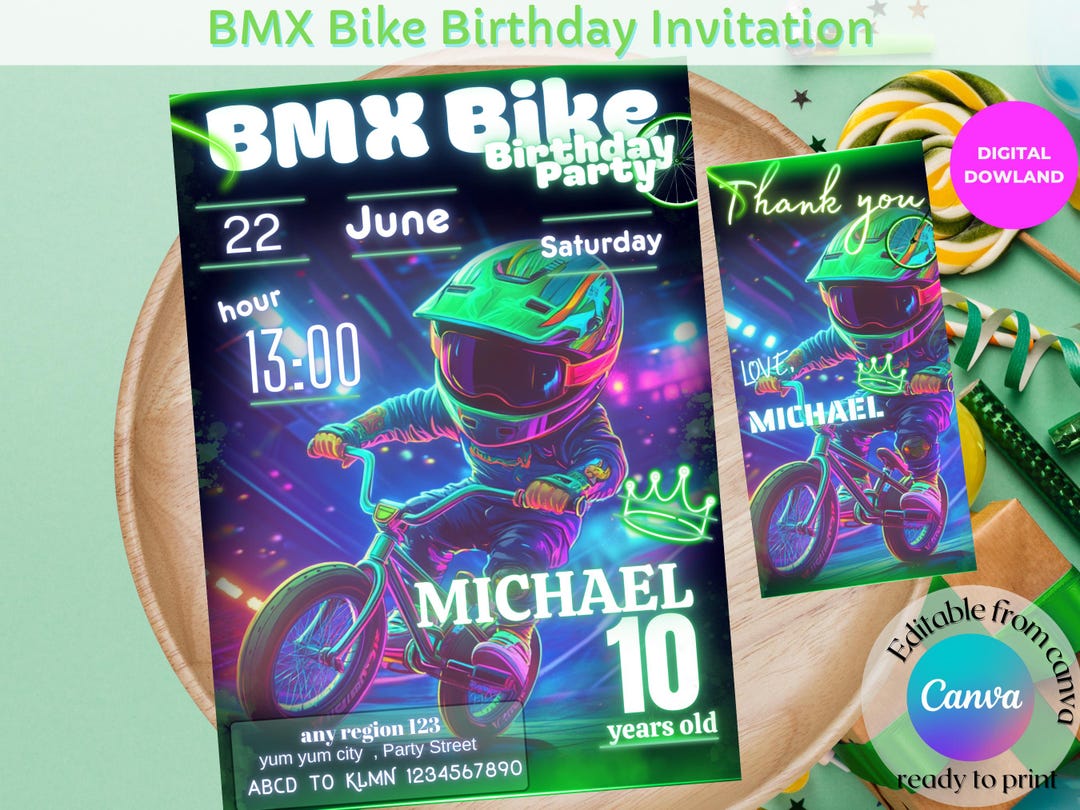 Editable BMX Bike Birthday Invitation Template,editable Canva Birthday ...