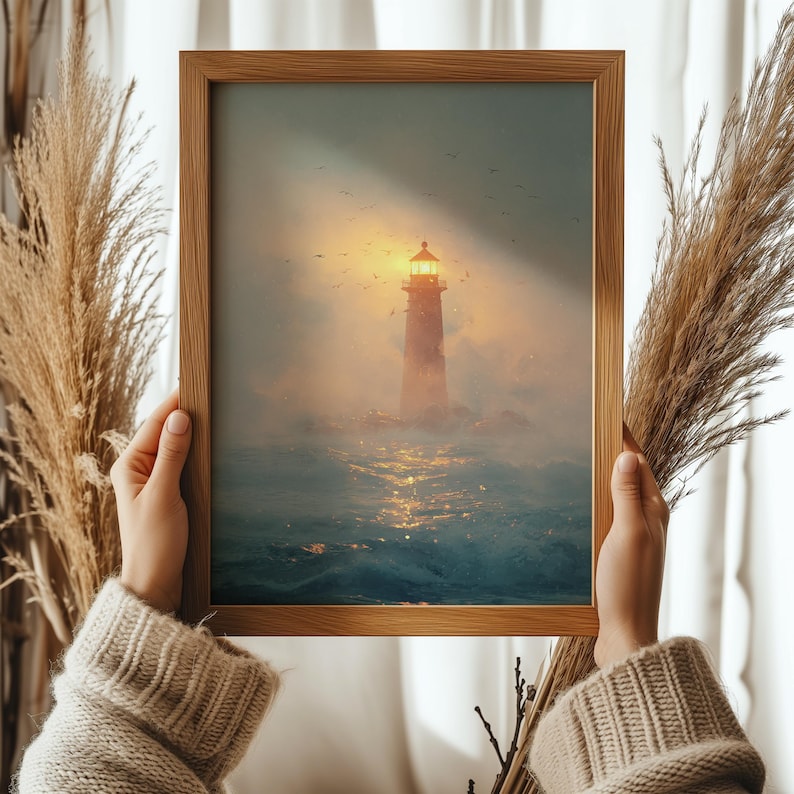 Moody Coastal Lighthouse Printable Art - Nautical Seascape Painting ...