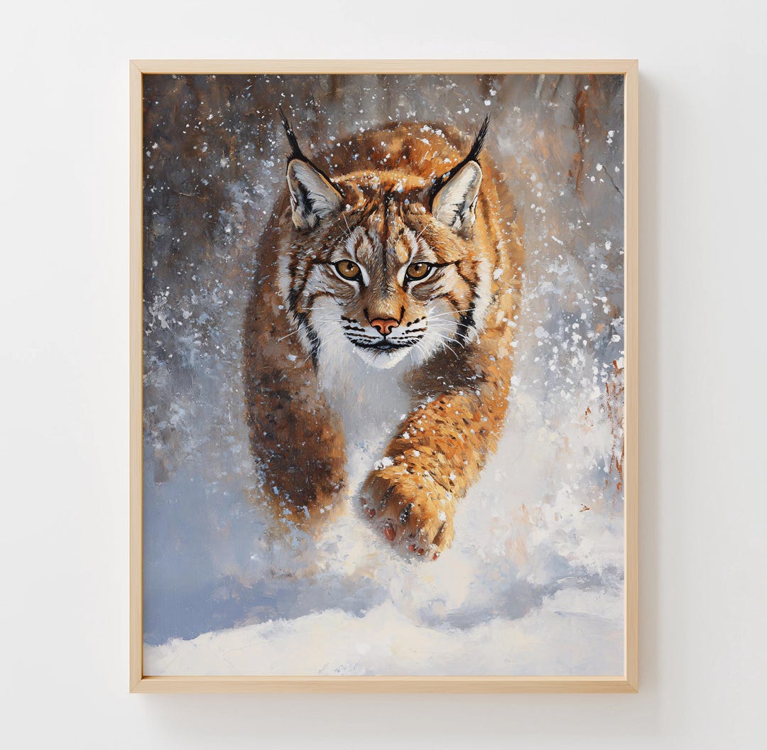 Winter Lynx Charging in Snow - Dramatic Wildlife Painting, Moody Winter ...