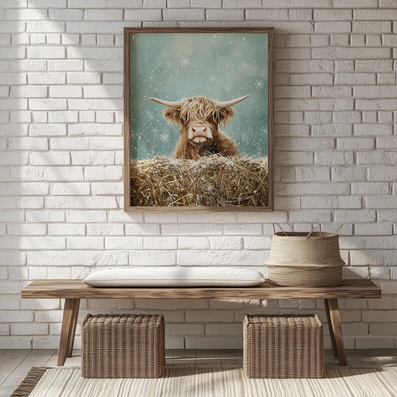 Highland Cow in Winter - Rustic Storybook Illustration, Farmhouse Wall ...