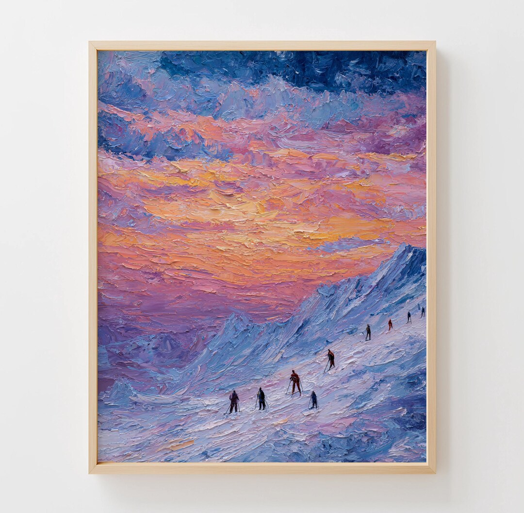 Winter Skiing Adventure Art - Printable Alpine Ridge Painting, Dramatic ...