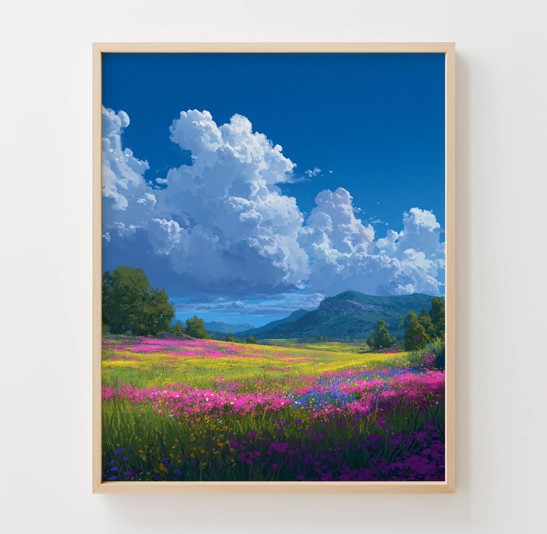Bright Cottagecore Meadow Landscape - Colorful Wildflower Field ...