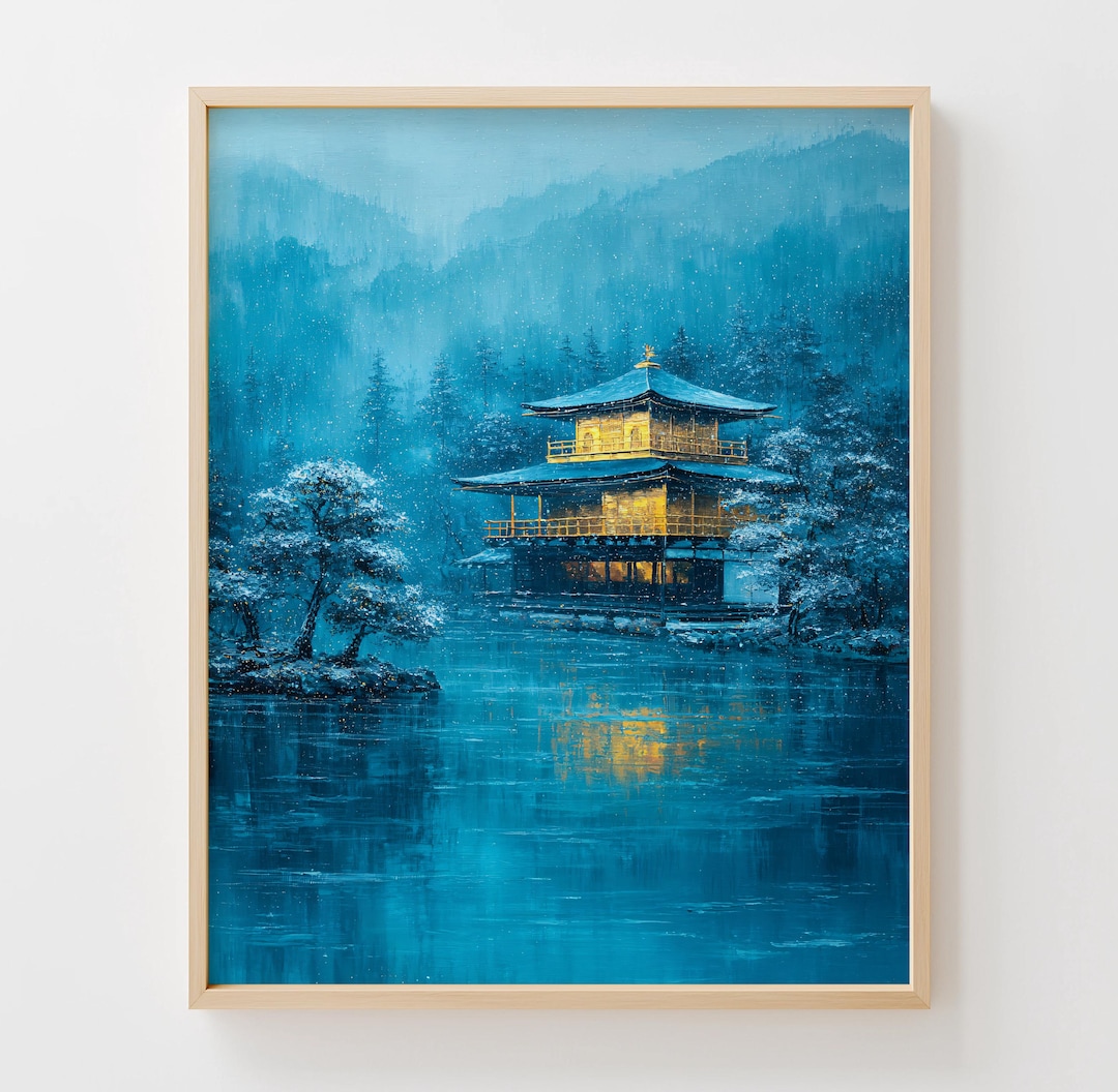 Printable Golden Pavilion Winter Landscape - Moody Japanese Temple Art ...