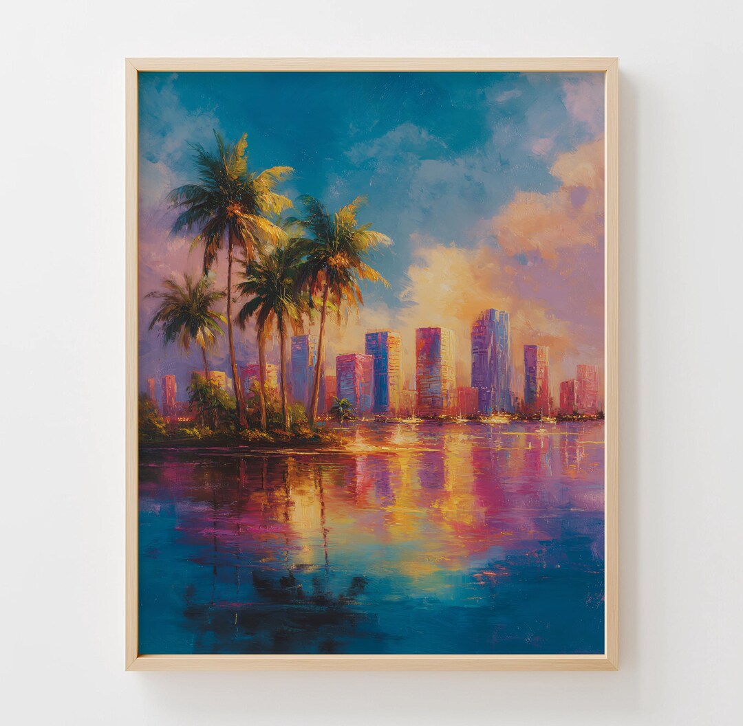 Miami City Skyline at Sunset Print, Coastal Printable Wall Art ...